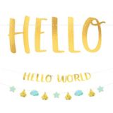 Blue Metallic Gold Hello World Baby Banner Kit Party City